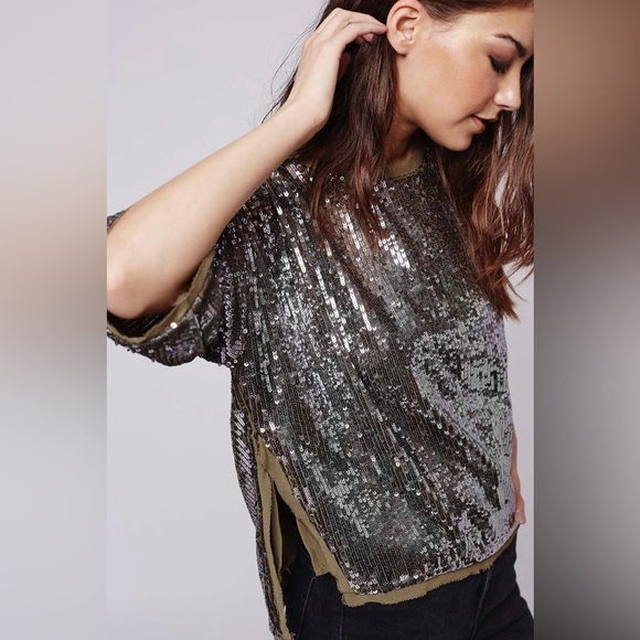 Topshop | Tops | Topshop Womens Silver Gunmetal Sequin Raw Edge Top ...